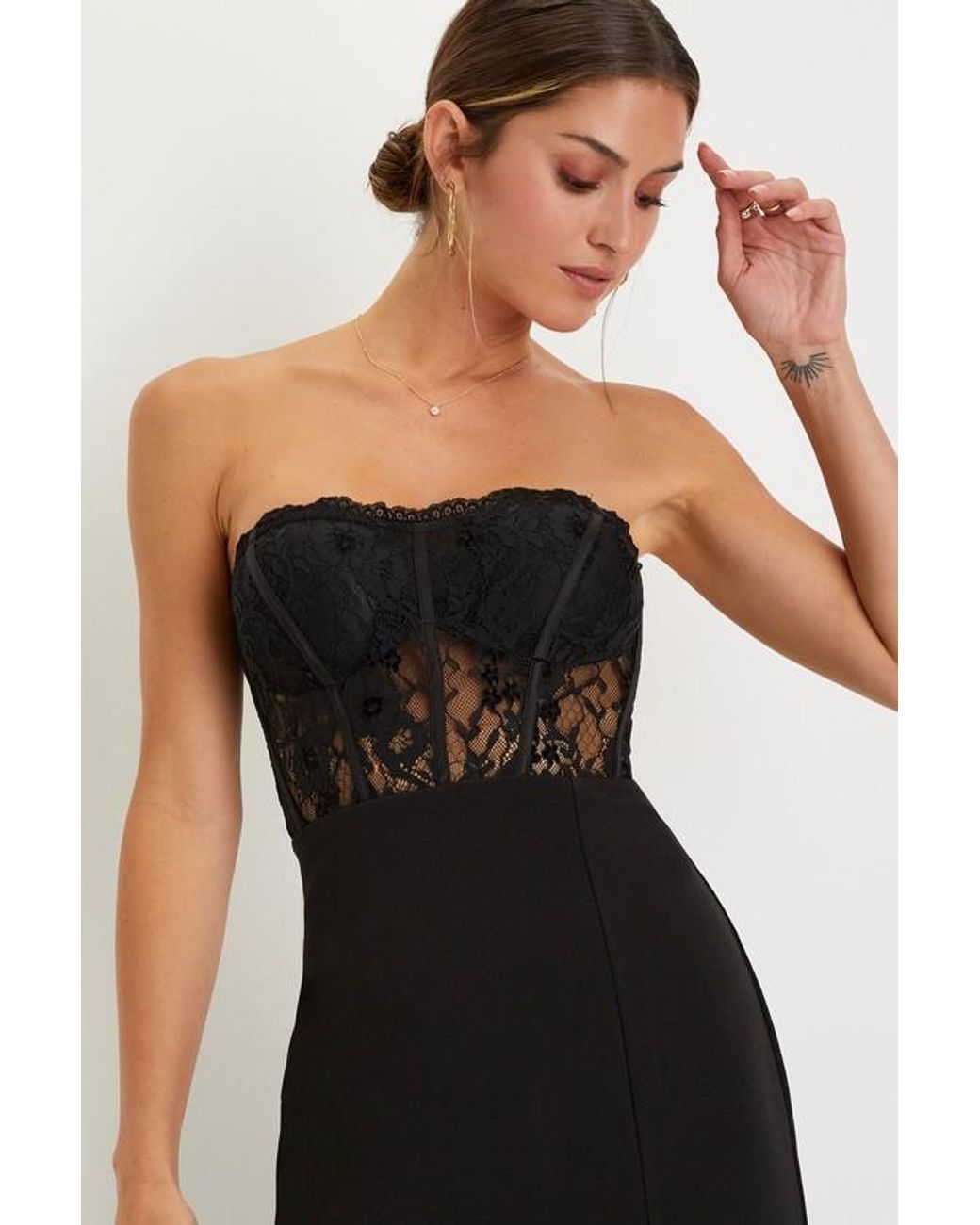 Lulus Sultry Persona Lace Strapless Bustier Mermaid Maxi Dress in Black ...