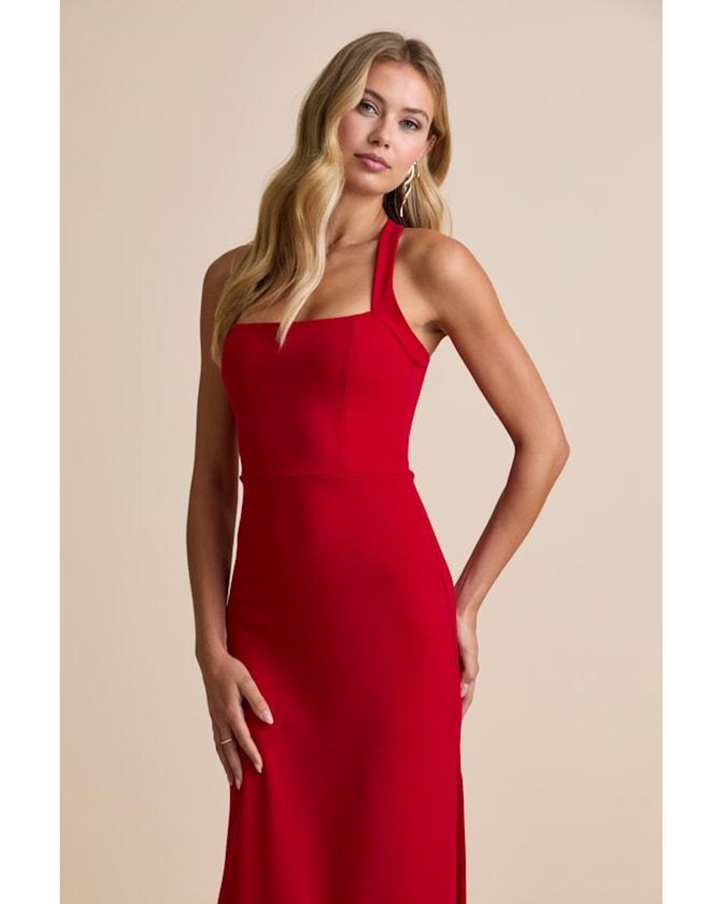 Lulus Perfectly Demure Backless Column Maxi Dress in Red | Lyst