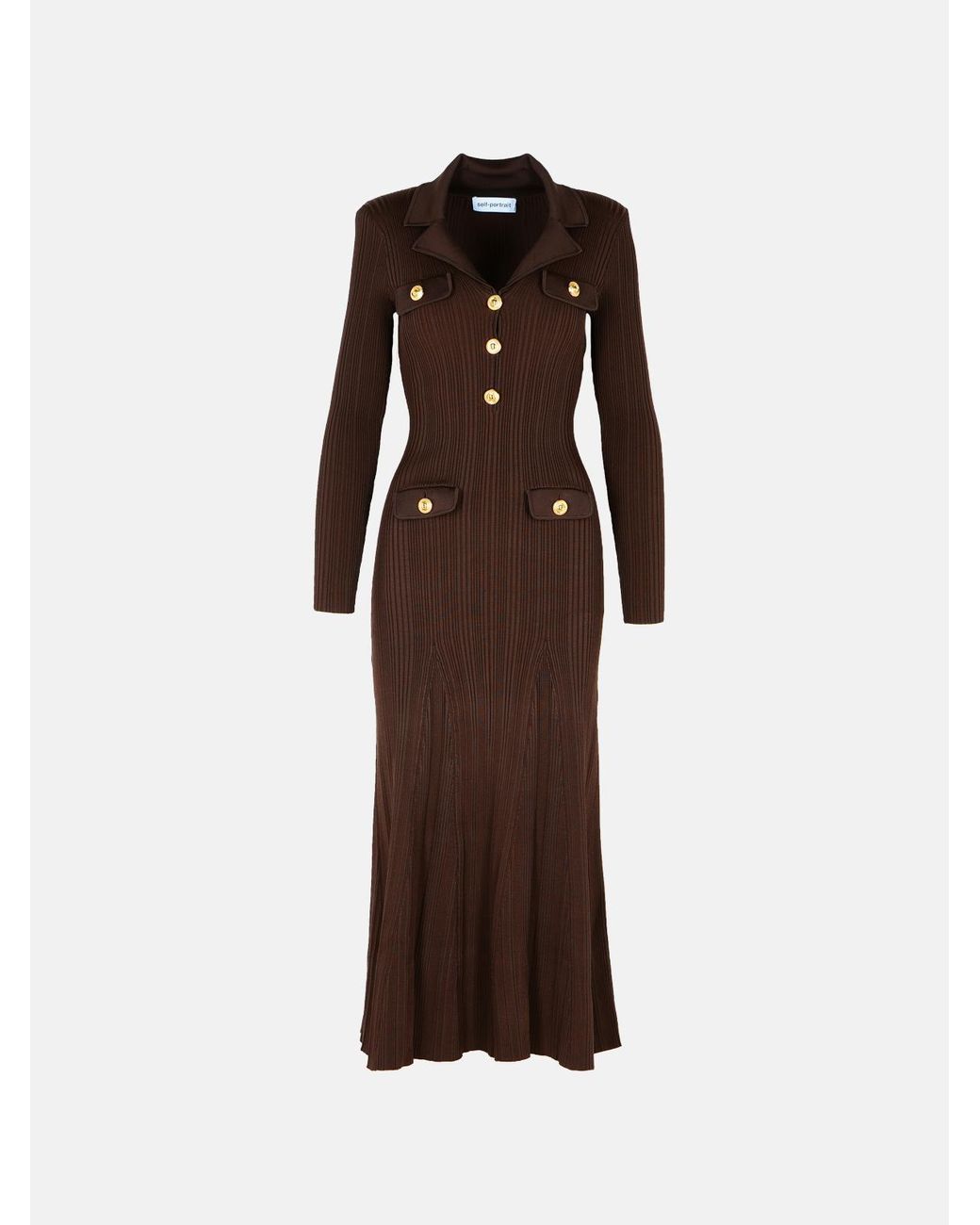 Self-Portrait 'rib' Dress In Viscose Blend in Brown | Lyst