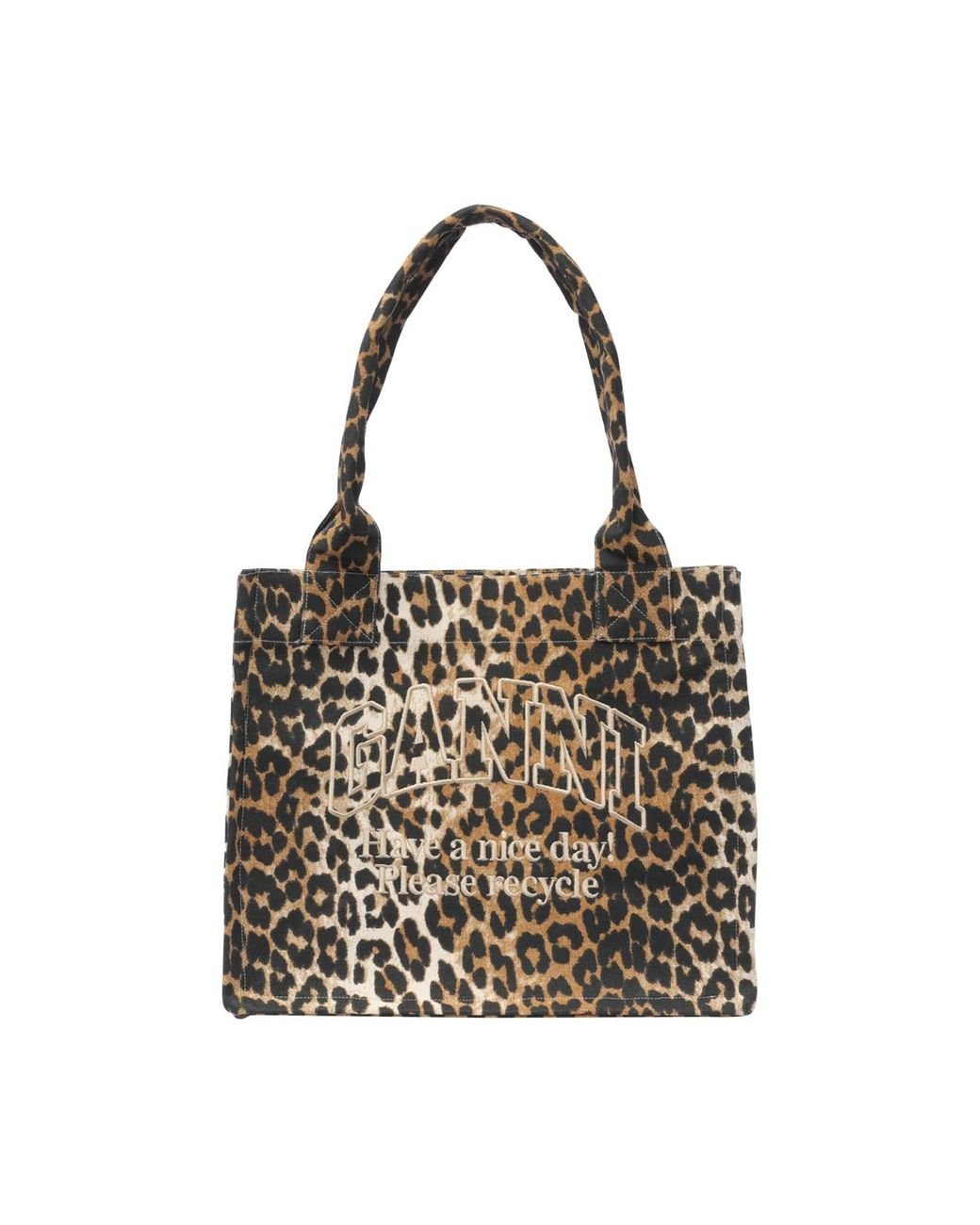 Ganni Large Leopard Print Logo Tote Bag in Black | Lyst