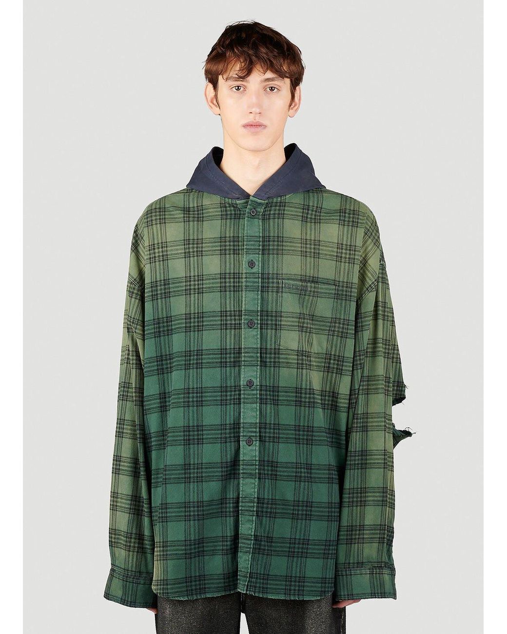 Balenciaga Hooded Distressed Flannel Shirt in Green for Men | Lyst
