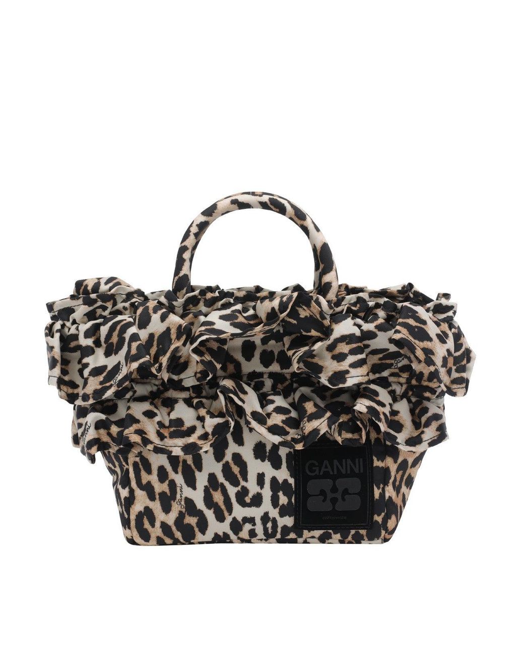 Ganni Mini Animalier Ruffled Shopper Bag With Logo in Black | Lyst