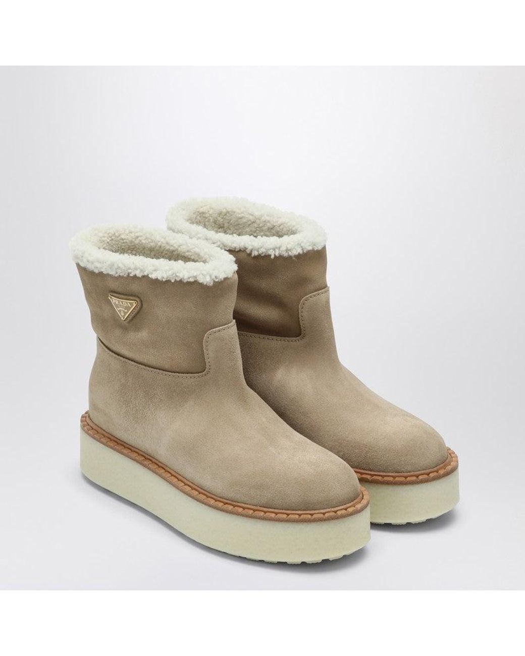 Prada Ã‰Cru Suede Ankle Boot in Natural | Lyst