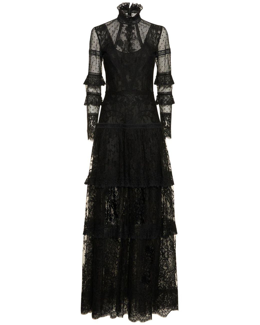 Costarellos Lace Tulle High Neck Long Dress in Black | Lyst