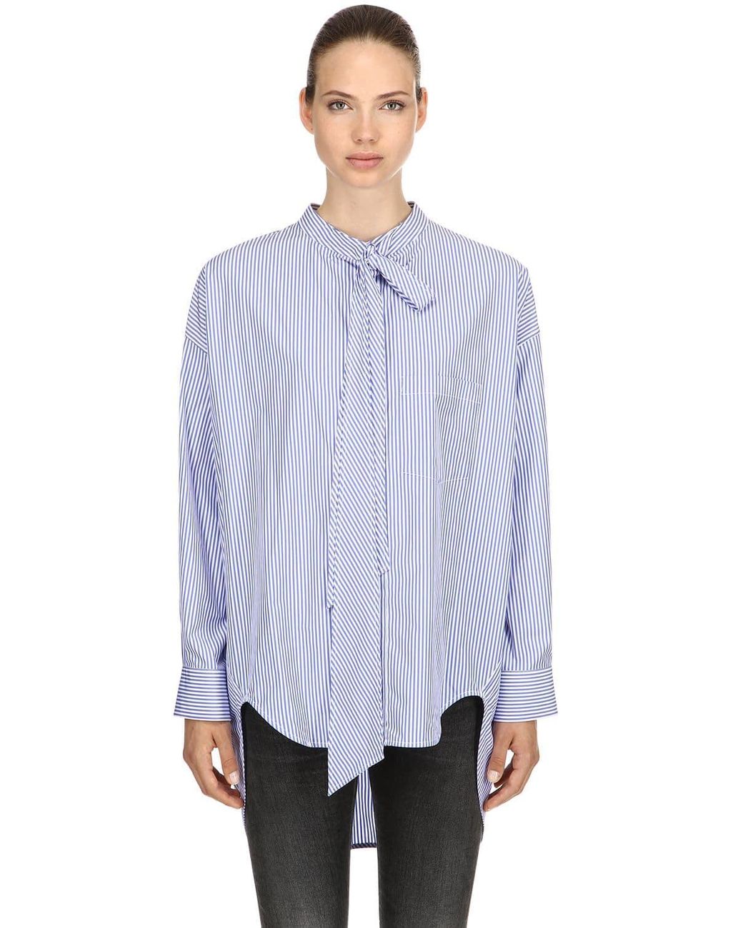 Balenciaga Oversize Logo Print Striped Poplin Shirt in Blue Balenciaga Oversize Logo Print Striped Poplin Shirt in Blue