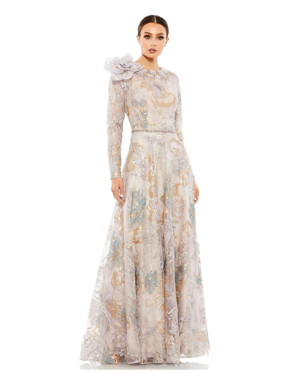 Mac Duggal Embellished Long Sleeve High Neck Rose Applique Gown In