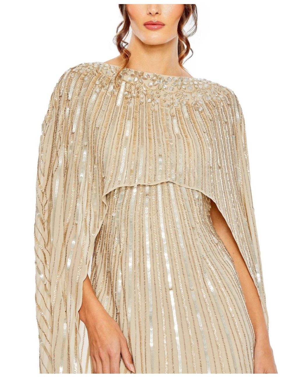 Mac Duggal Embellished Beaded Column Cape Gown in Natural | Lyst