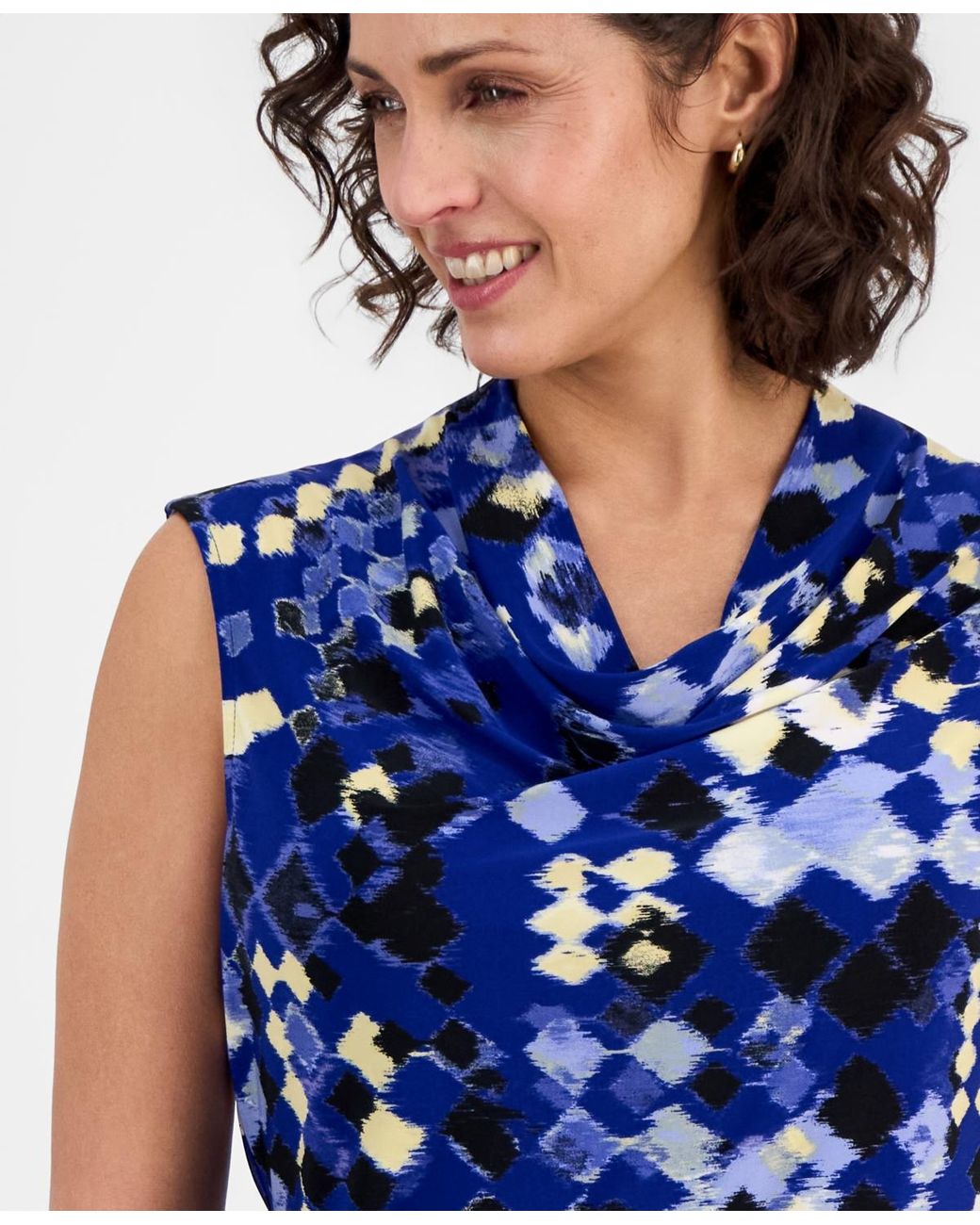 Kasper Diamond Print Cowl Neck Top in Blue | Lyst