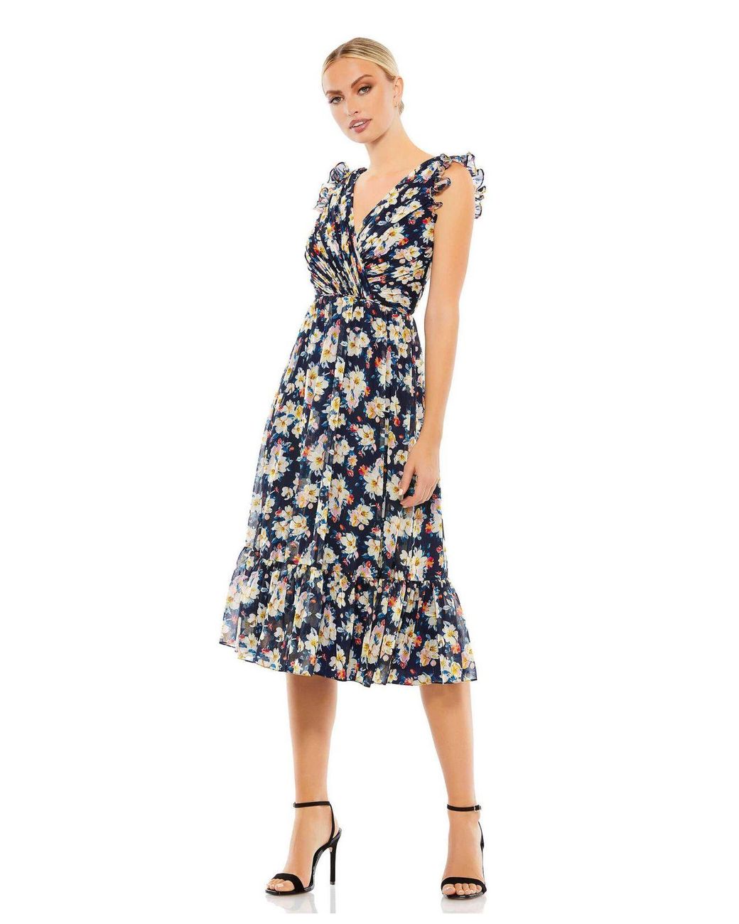 Mac Duggal Ieena Flowy Floral Print V Neck Cap Sleeve Midi Dress In