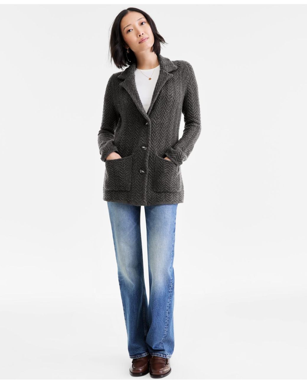 Charter Club Petite Herringbone-stitch Button-front Cashmere Jacket in ...