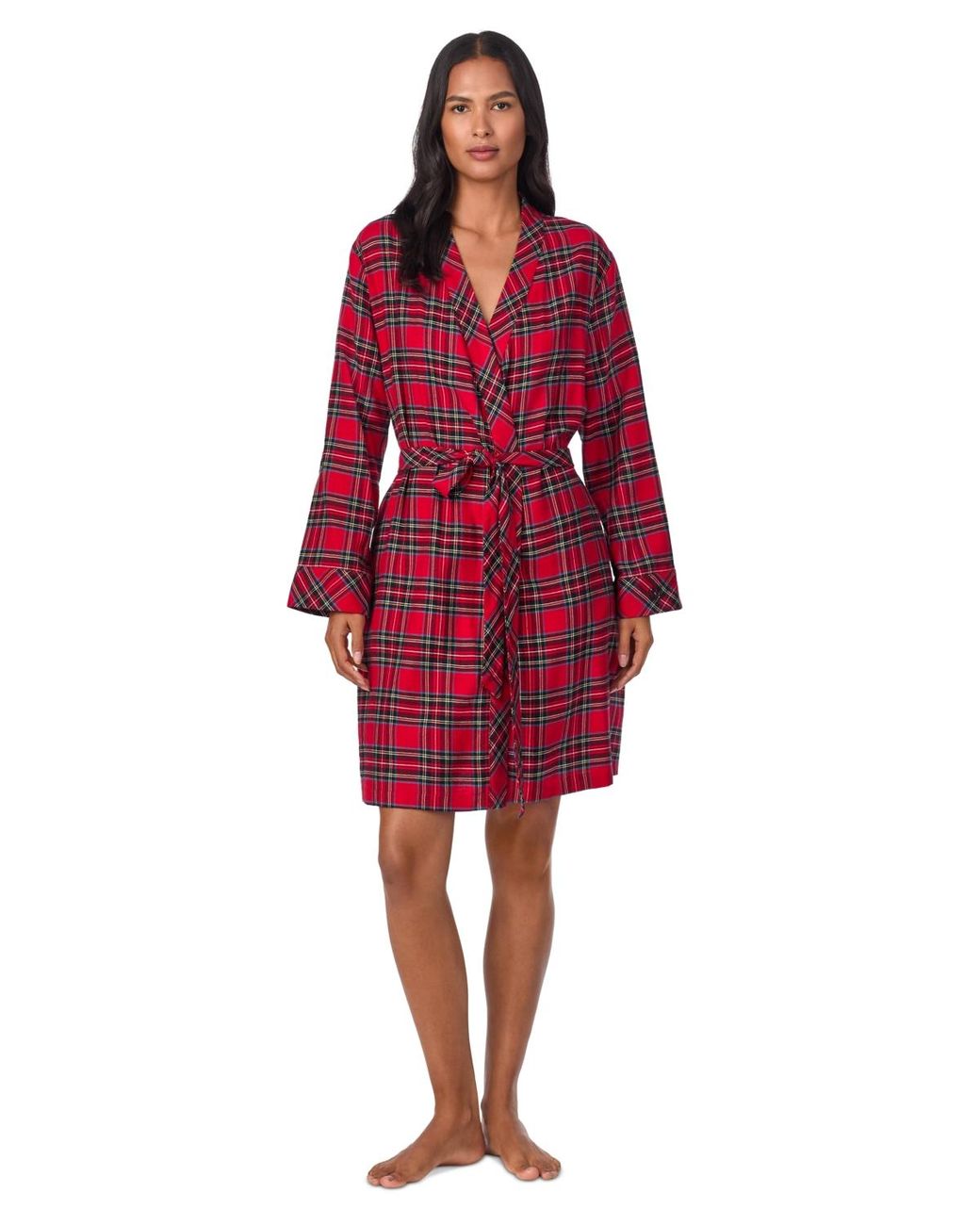 Ralph Lauren Short Plaid Kimono Robe in Red | Lyst