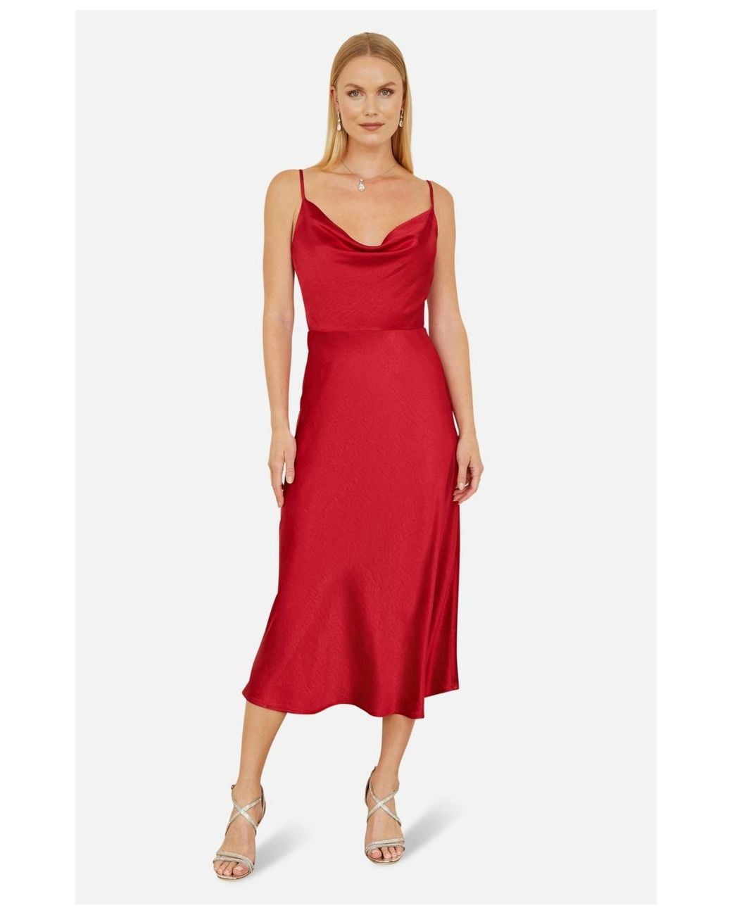 Yumi' Satin Cowl Neck Midi Dress in Red | Lyst