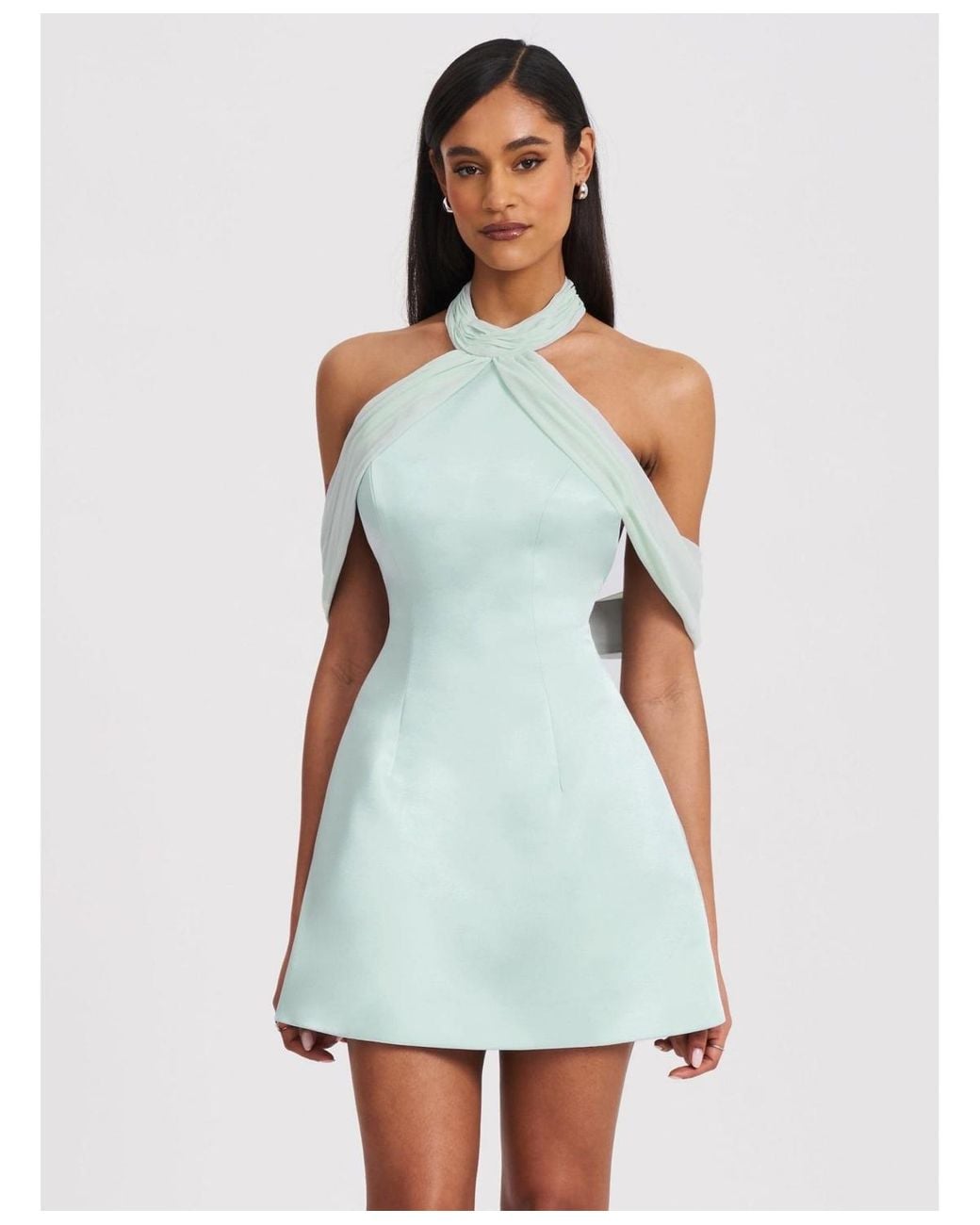 Miss Circle Zafrina Light Cyan Halter Off-shoulder Backless Mini Dress ...
