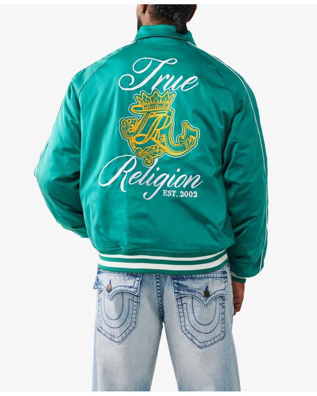 TRUE RELIGION Crest Satin Retro Bomber Jacket in Green for Men | Lyst