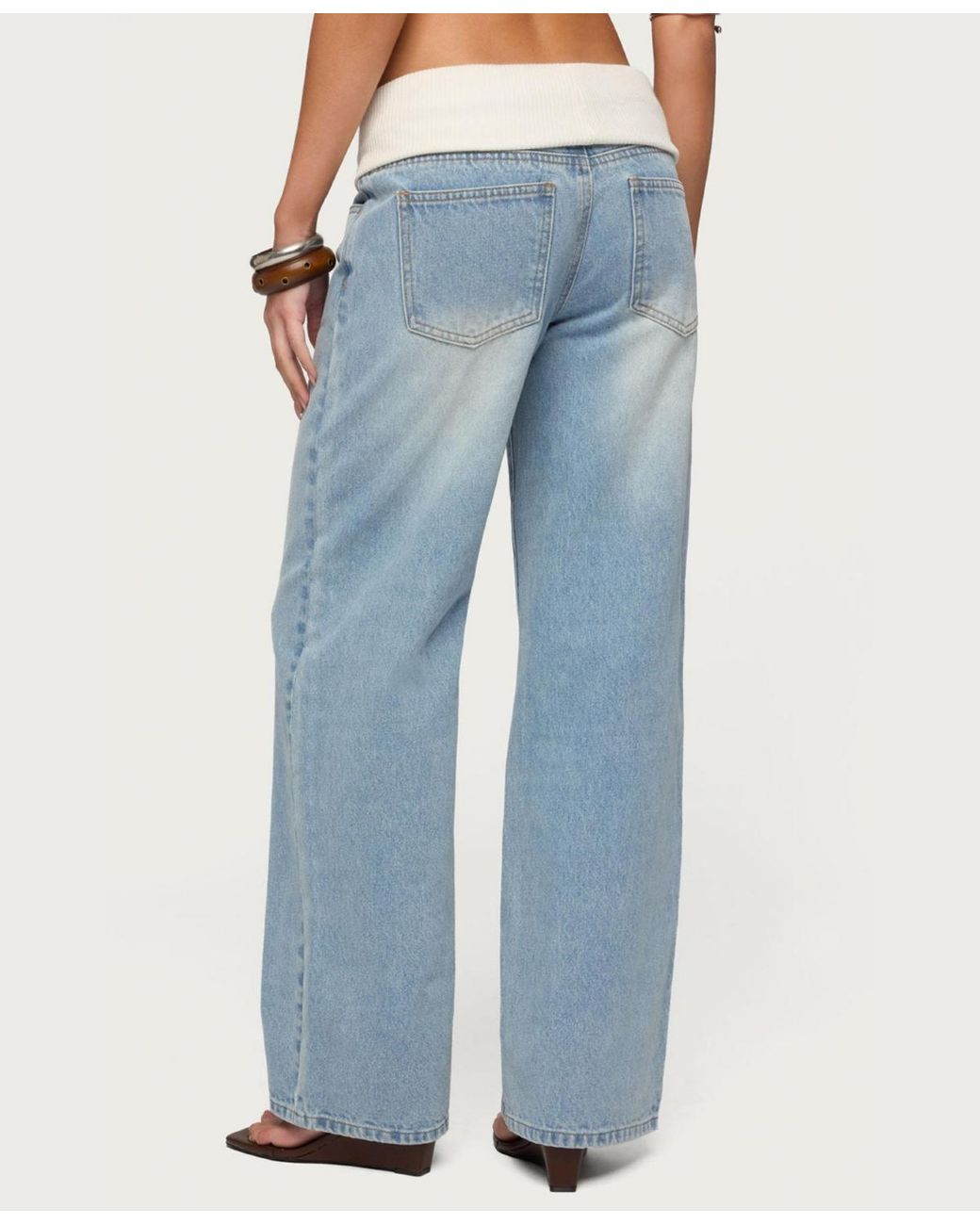 Edikted Knit Foldover Low Rise baggy Jeans in Blue | Lyst