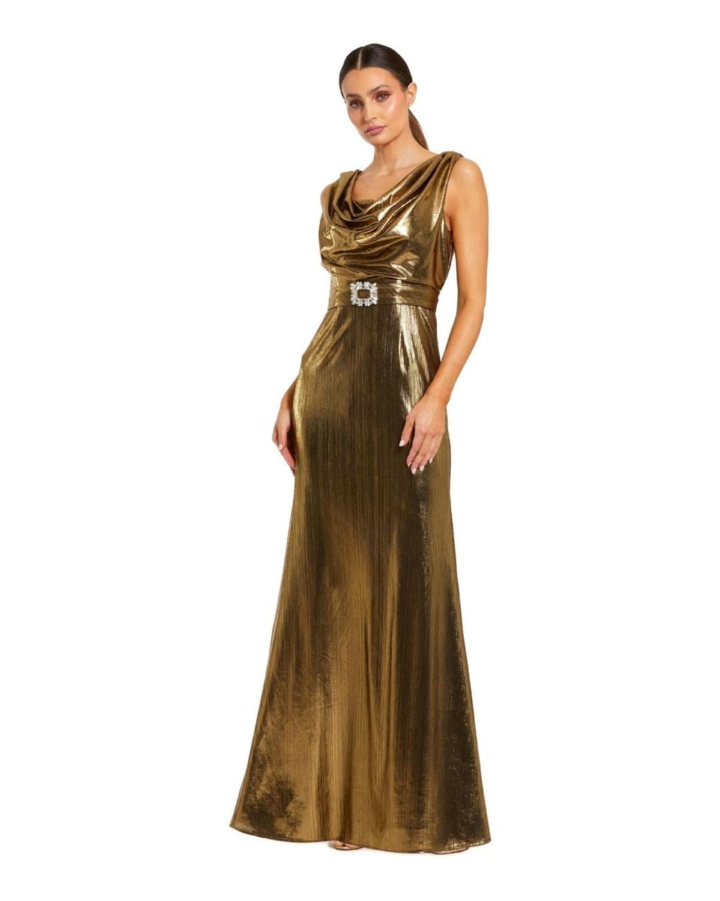 Mac Duggal Metallic Sleeveless Cowl Neck Trumpet Gown | Lyst