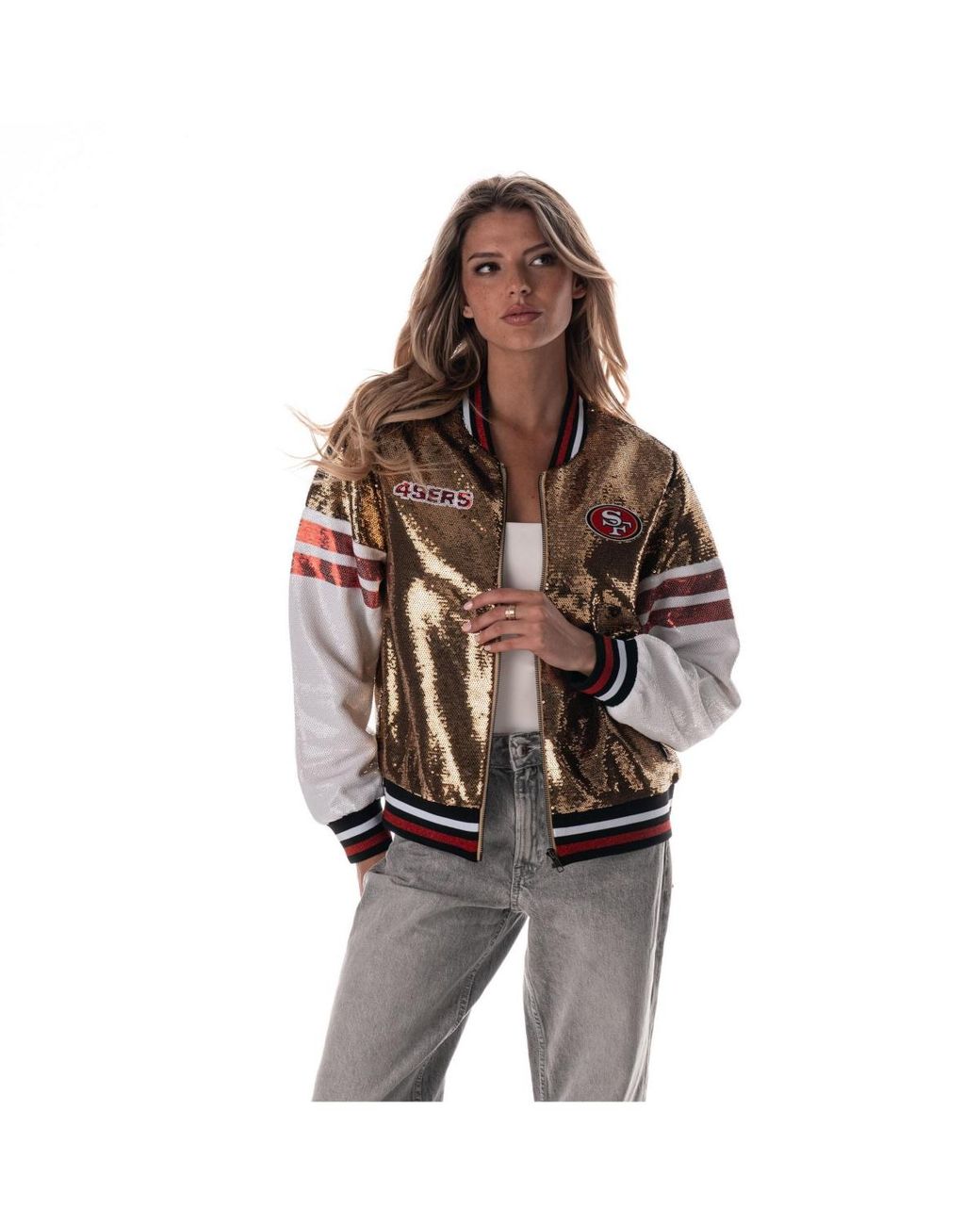 The Wild Collective San Francisco 49ers Sequin Bomber Jacket in Brown ...