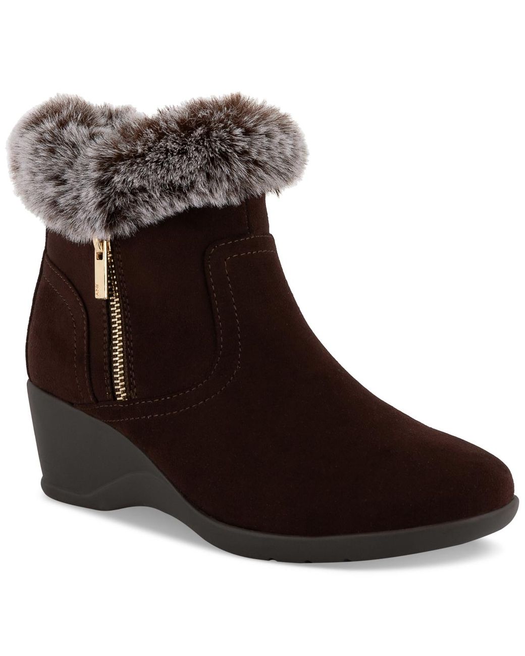 Jones New York Carleen Faux Fur Cozy Wedge Booties in Brown | Lyst