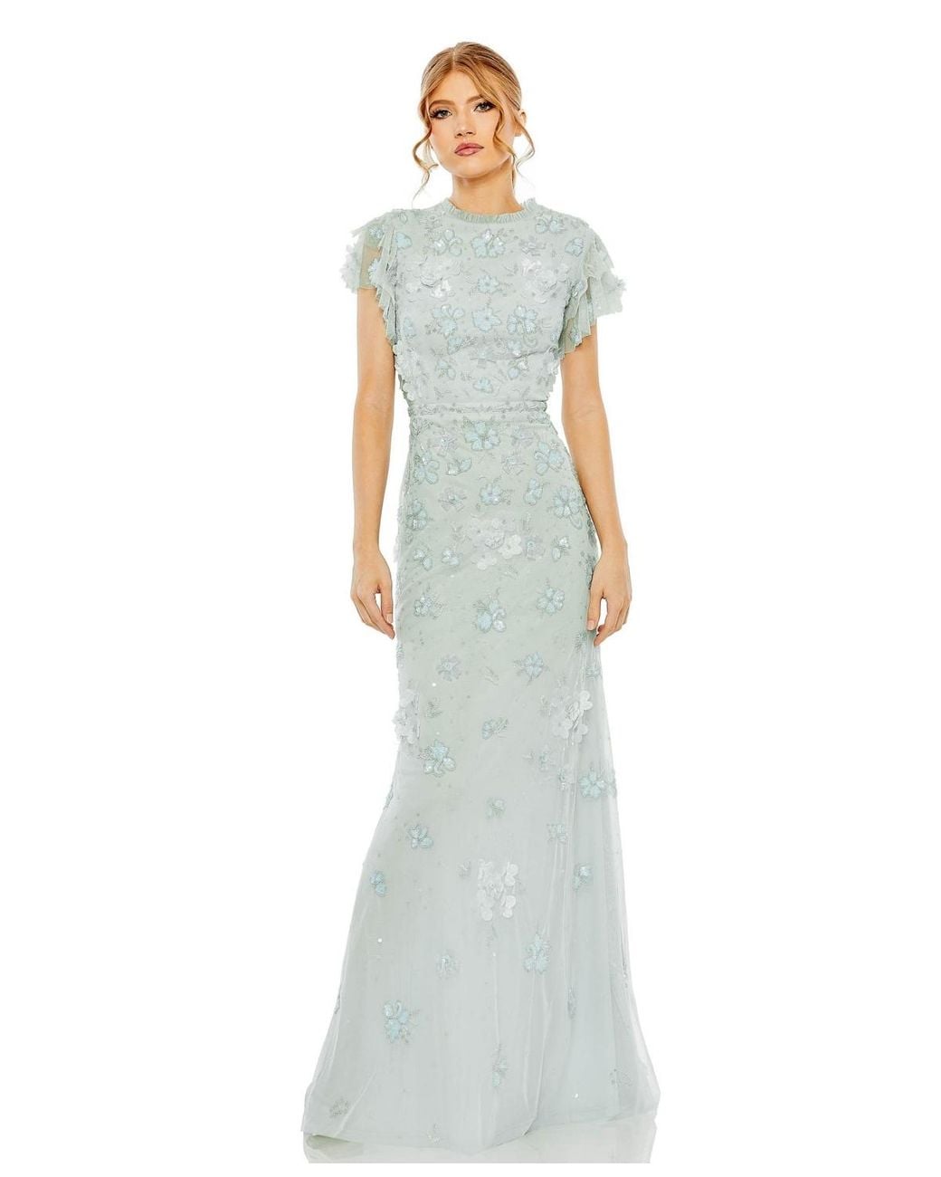 Mac Duggal Floral Embellished High Neck Flutter Sleeve Gown in White | Lyst