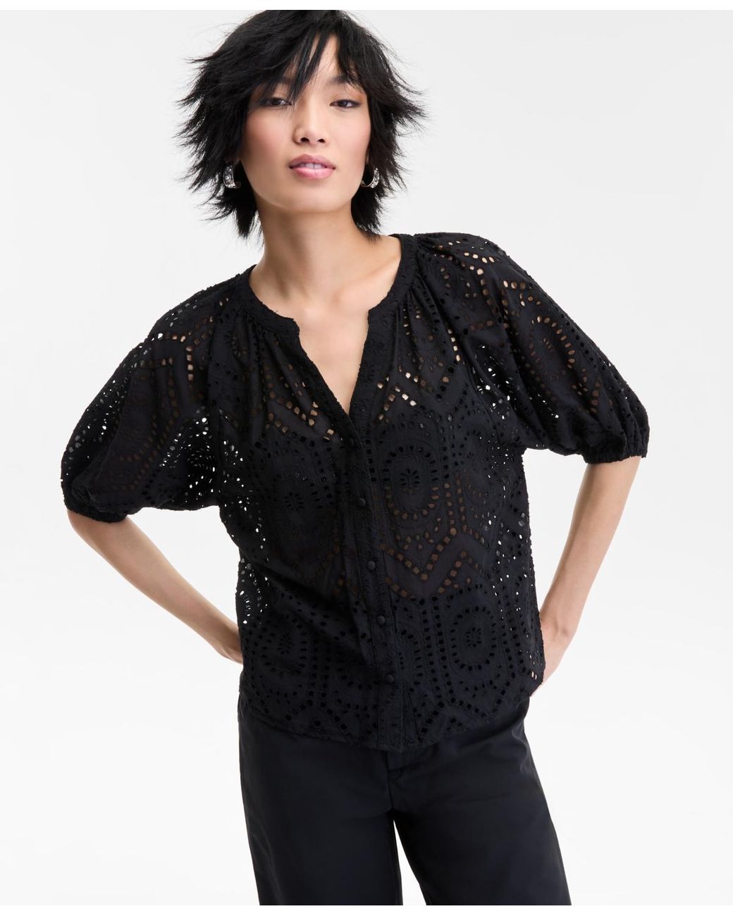 INC International Concepts Cotton Eyelet Puff-sleeve Blouse in Black | Lyst