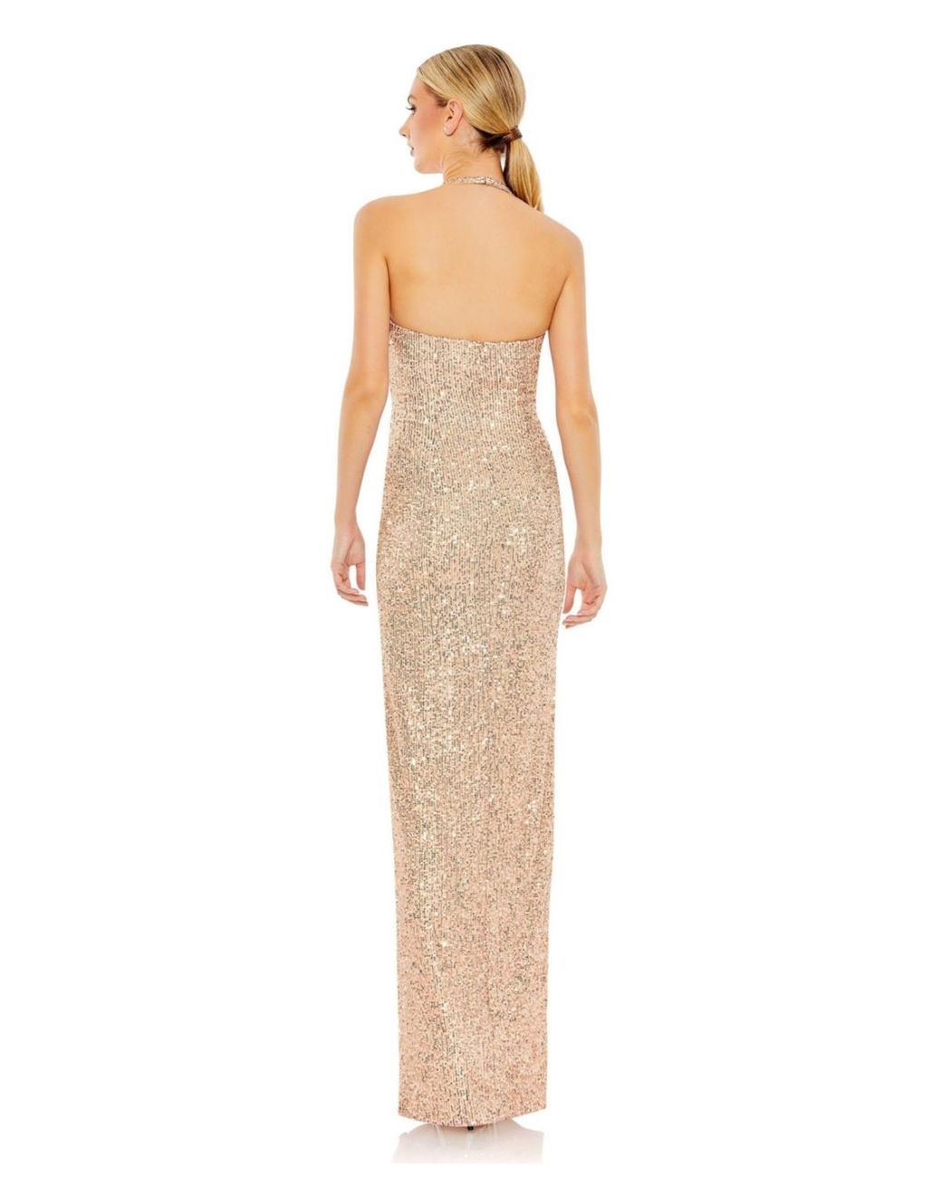 Mac Duggal Sequined Halter Strap Low Side Knot Gown in White | Lyst
