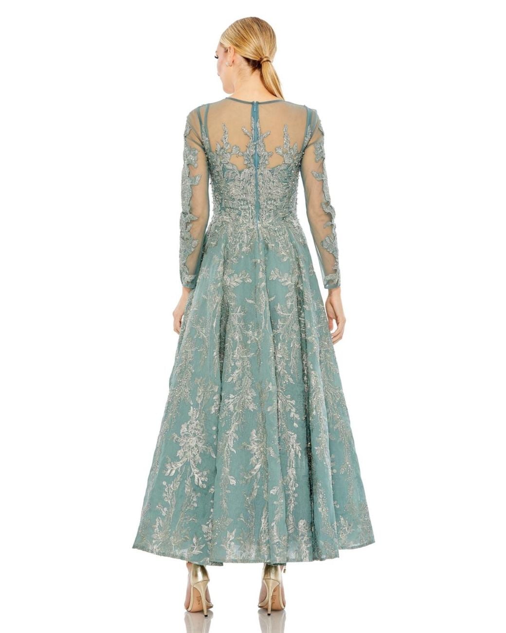 Mac Duggal Embellished Bow Belt Illusion Long Sleeve A Line Dress in ...