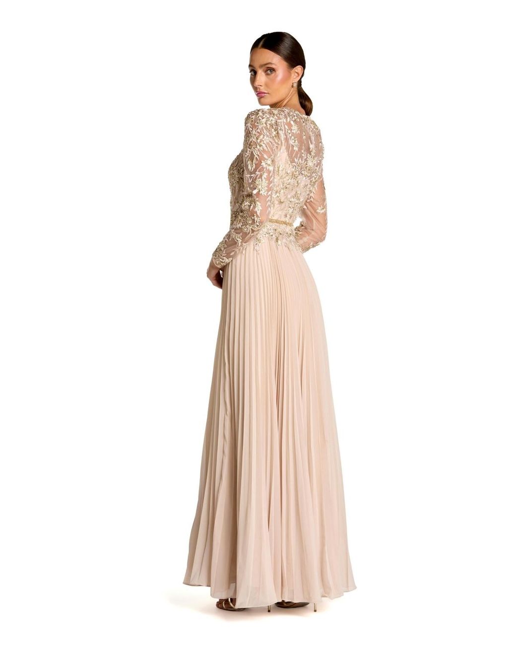 Mac Duggal Petite Long Sleeve Chiffon Embellished Gown in Natural | Lyst