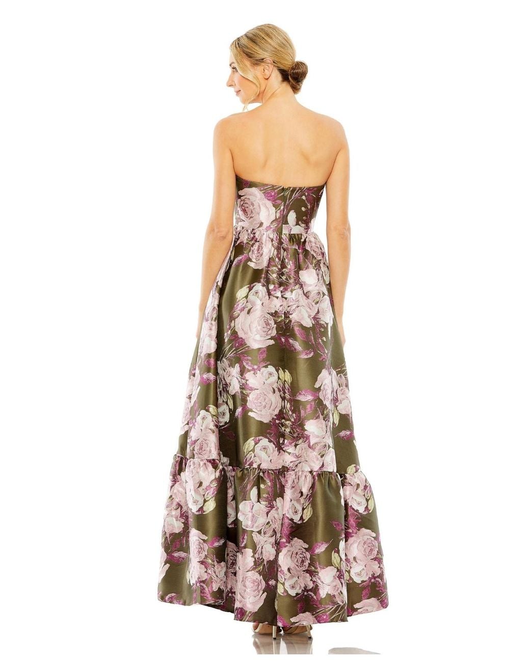 Mac Duggal Strapless Bottom Ruffle Floral Gown in White | Lyst