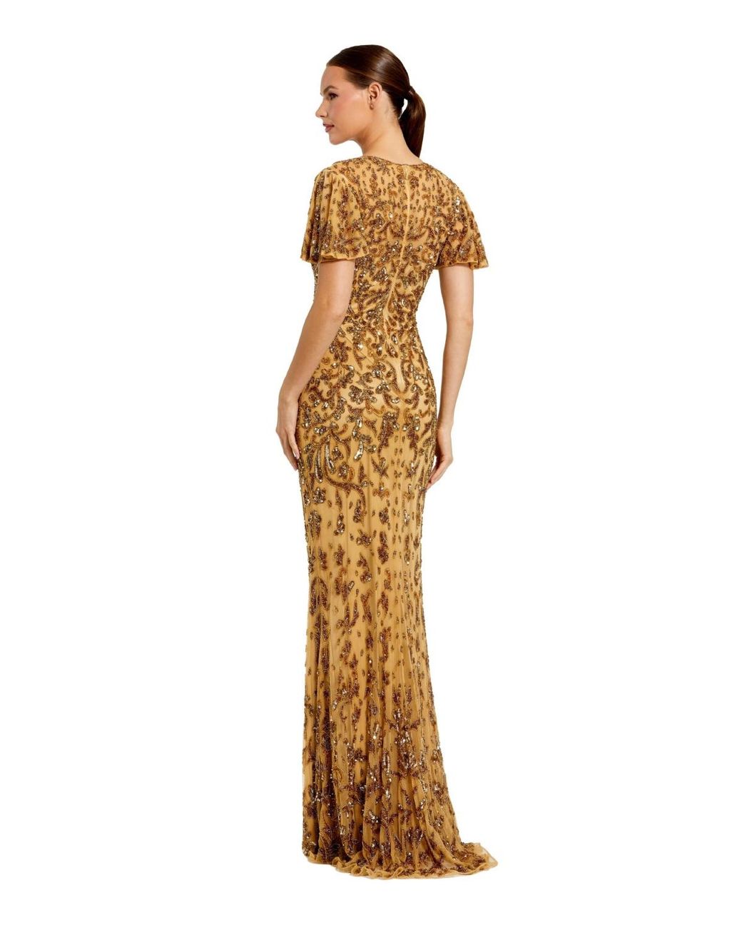Mac Duggal Embellished High Neck Flutter Sleeve Gown in Metallic | Lyst