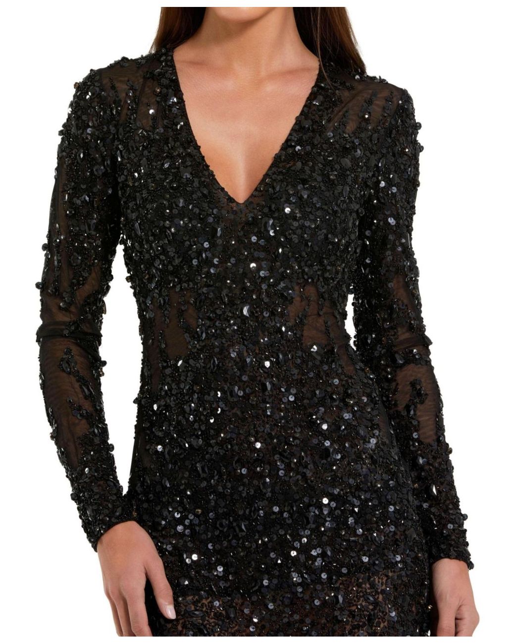 Mac Duggal Long Sleeve Sheer Embellished Mini Dress in Black | Lyst