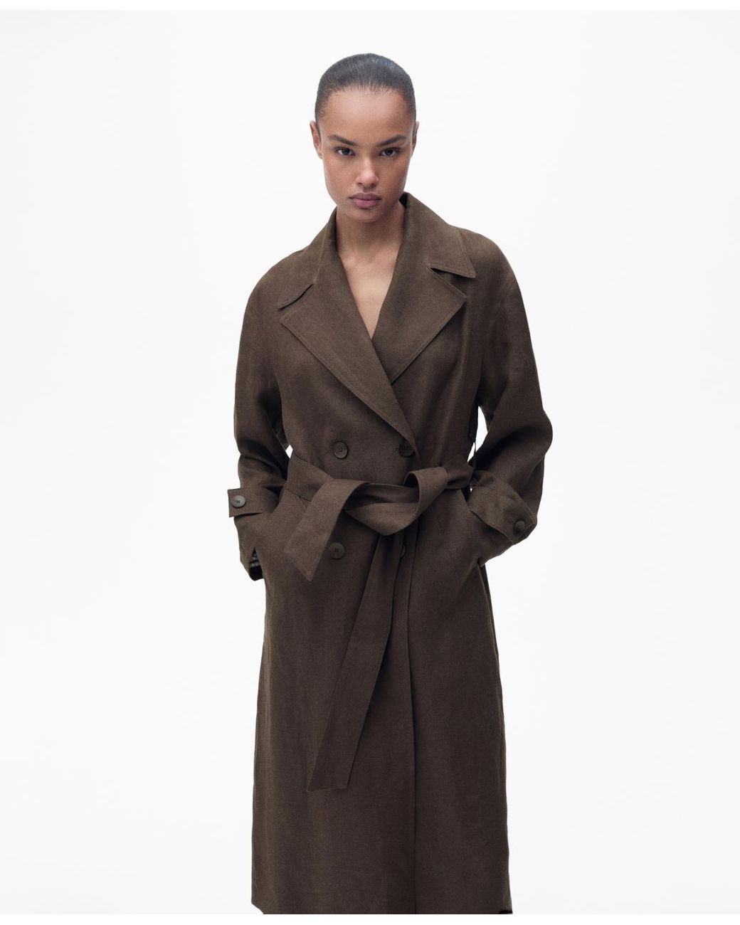 Mango Double Breasted Linen Trench Coat in Brown | Lyst