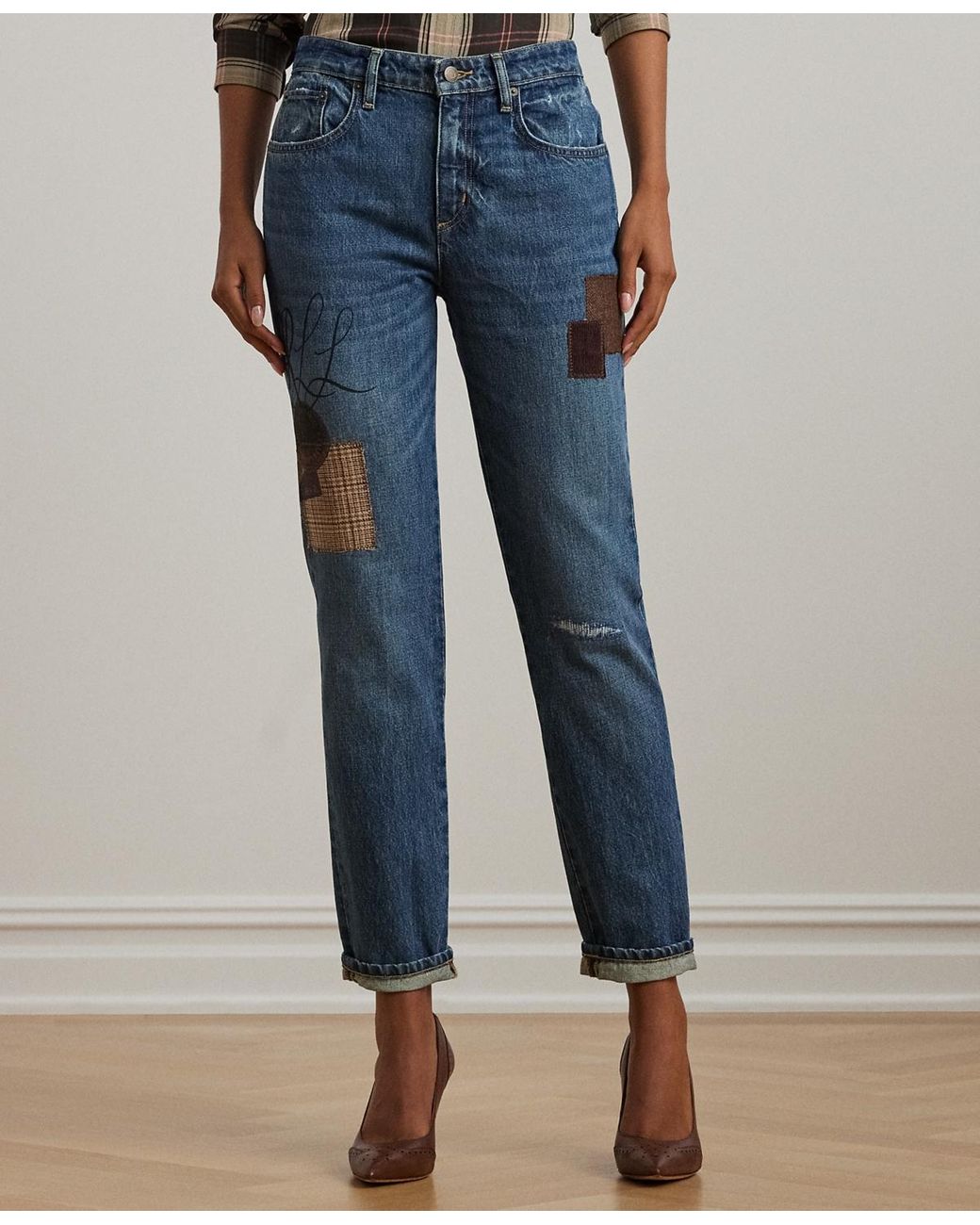 Ralph Lauren Petite Patchwork Boyfriend Jeans in Blue | Lyst