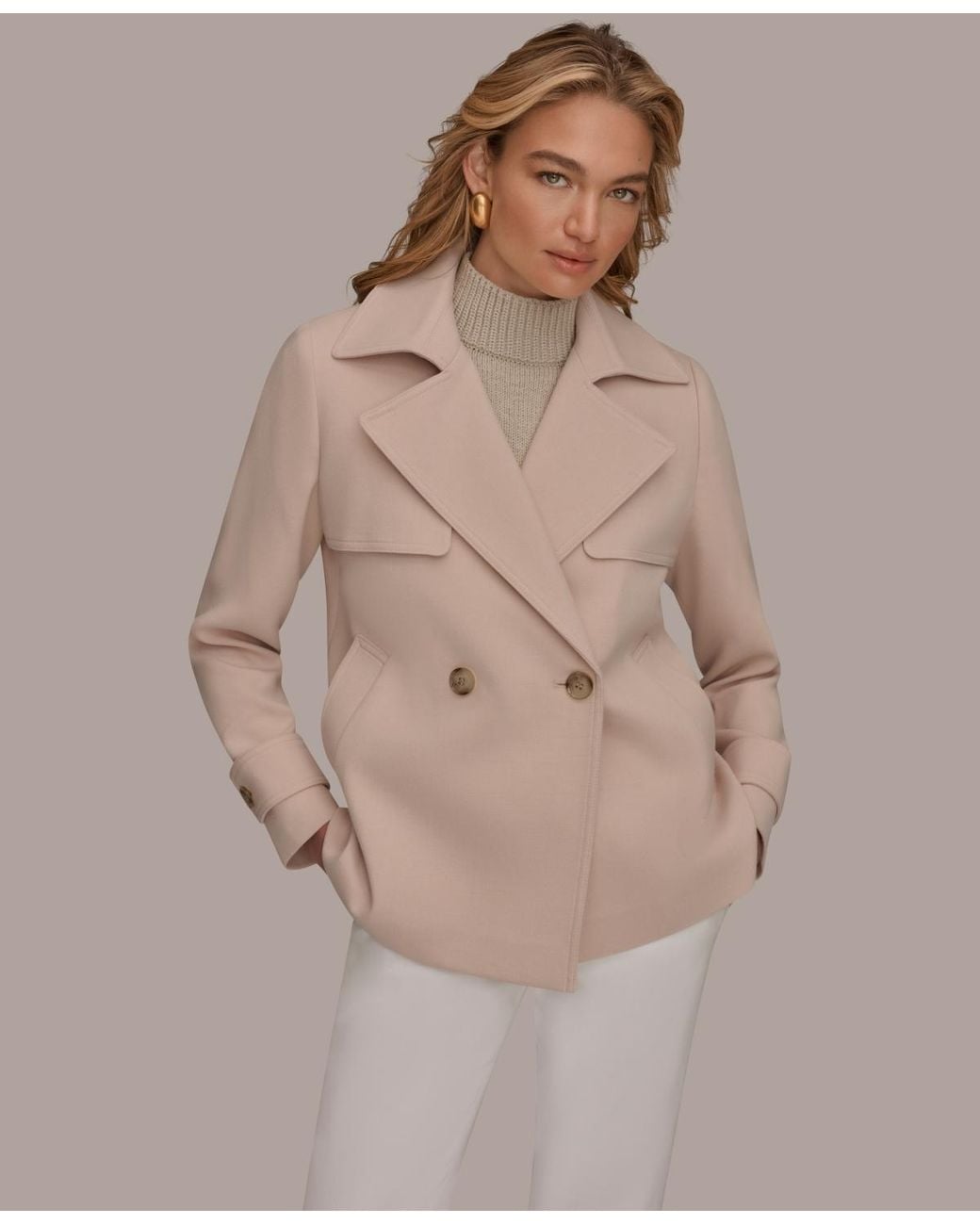Donna Karan Short Crepe Notch Collar Trench Coat in Brown | Lyst