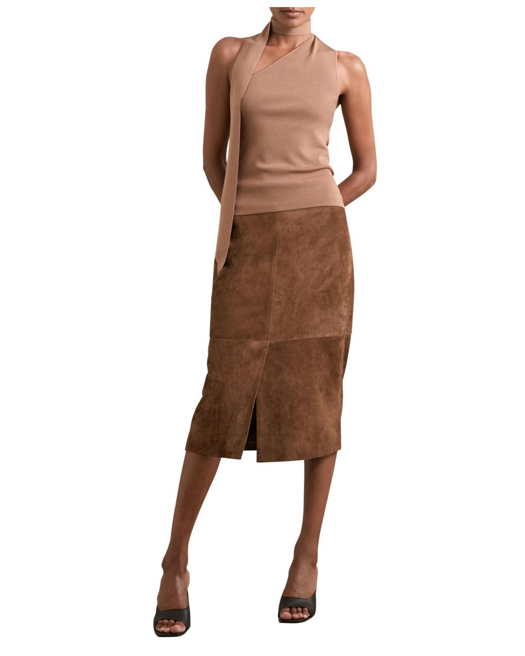 Reiss Suede Straight-fit Midi Skirt in Brown | Lyst