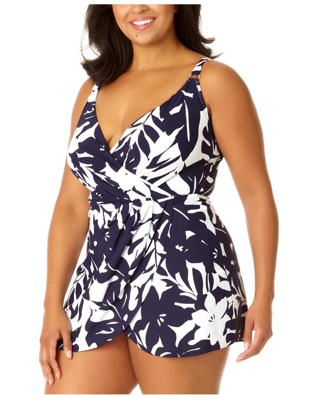 Anne Cole Plus Size Surplice Neck Maillot Swim Dress In Blue Lyst