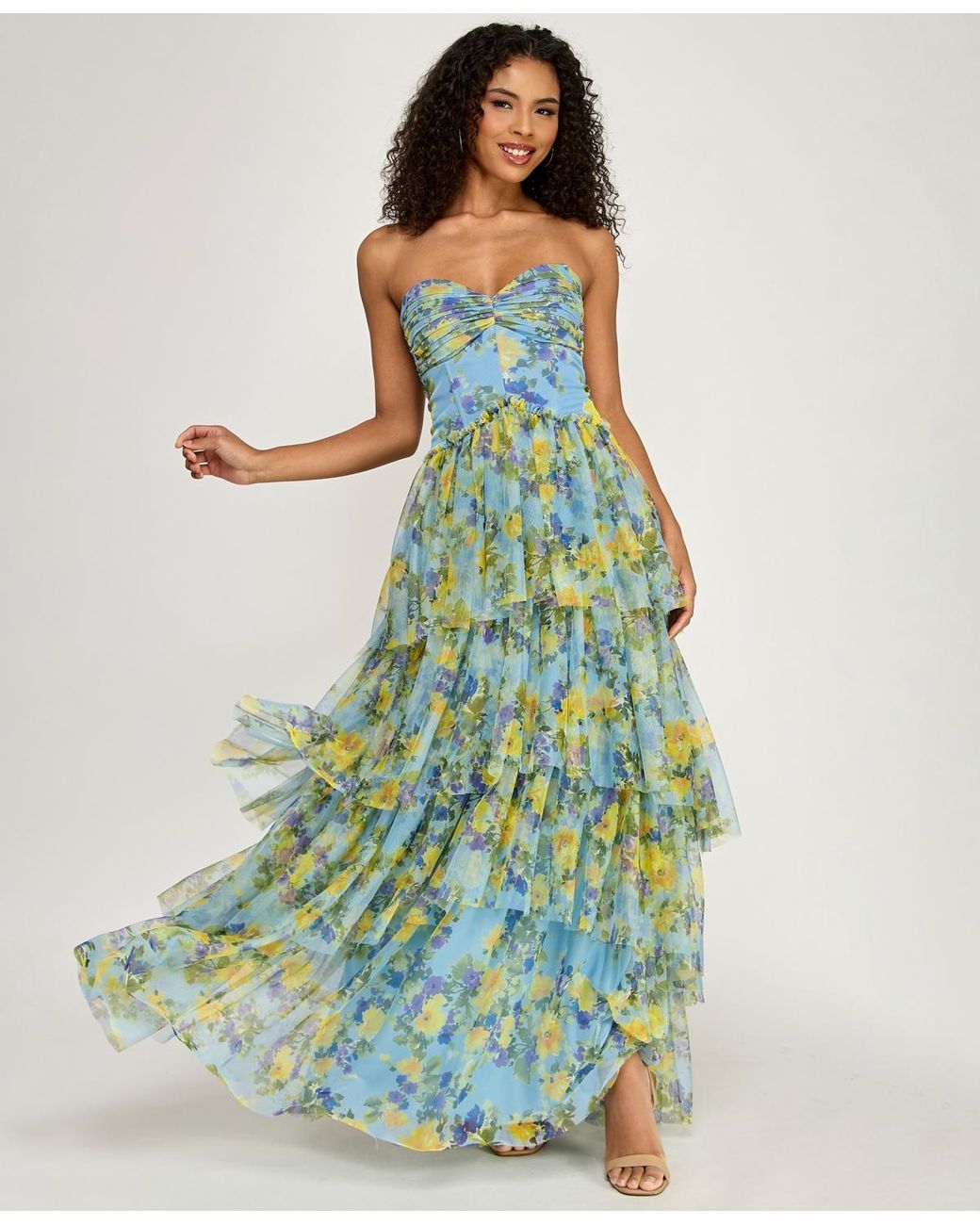 City Studios Strapless Sweetheart Neck Floral Maxi Dress in Blue | Lyst