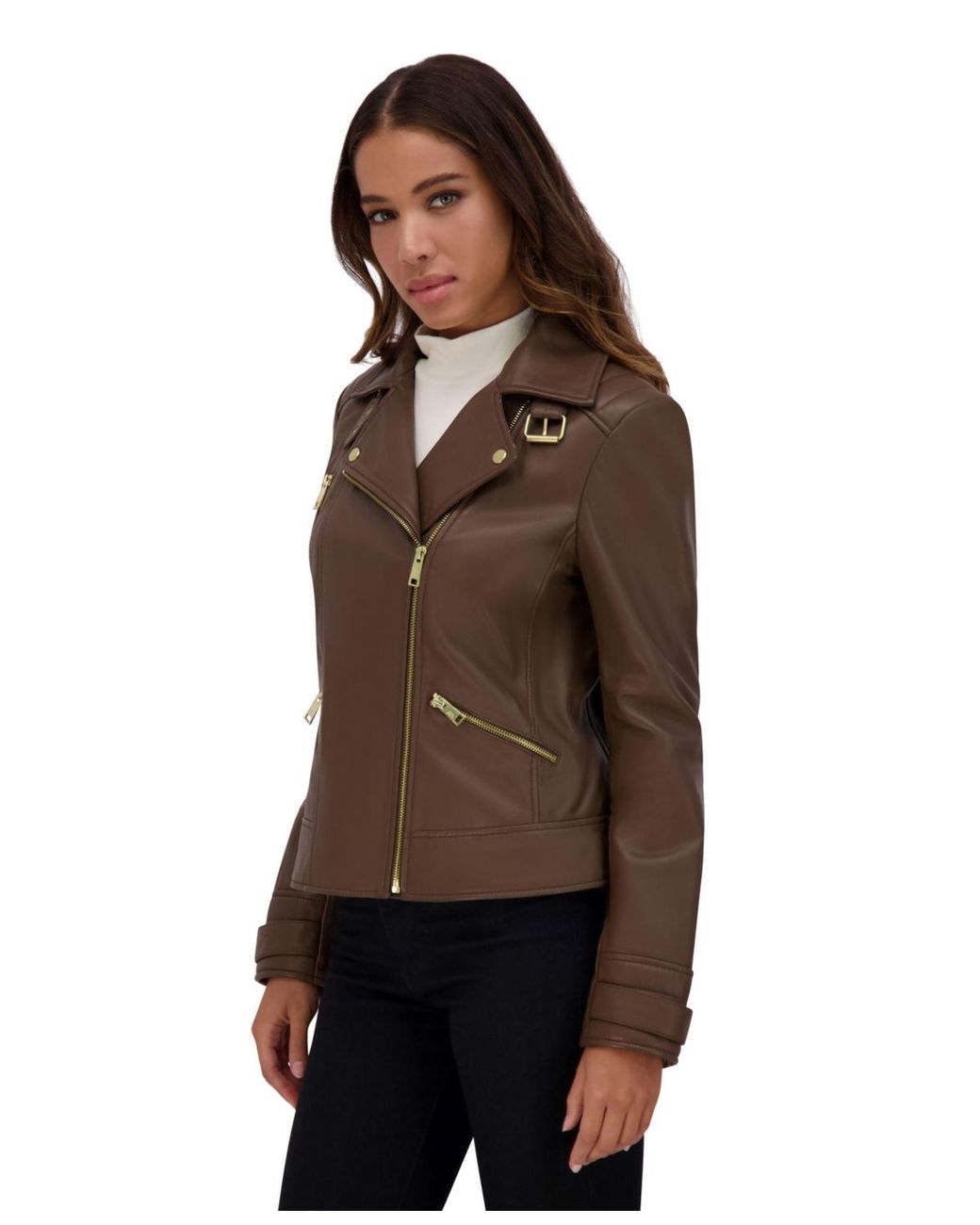 Andrew Marc Salla Smooth Asymmetrical Lamb Leather Moto Jacket in Brown ...