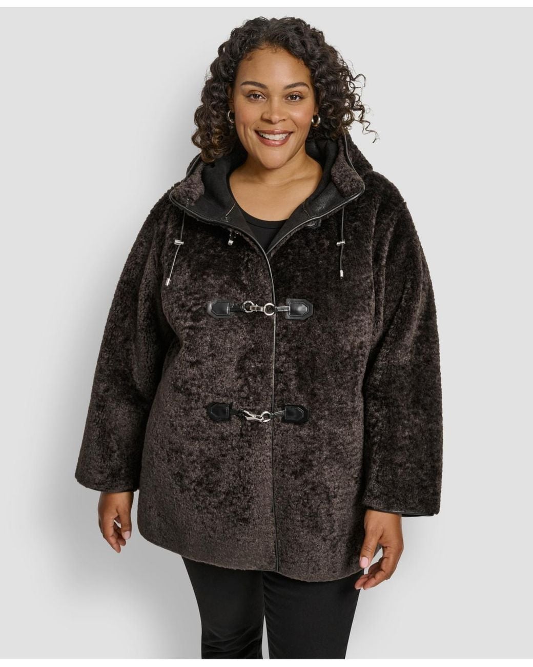 DKNY Plus Size Hooded toggle Coat in Black | Lyst