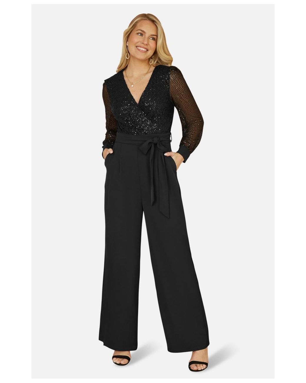 Yumi' Sequin Wrap Over Jumpsuit in Black | Lyst
