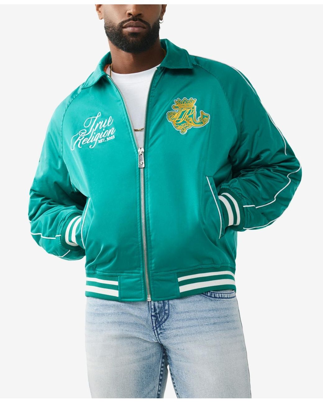TRUE RELIGION Crest Satin Retro Bomber Jacket in Green for Men | Lyst