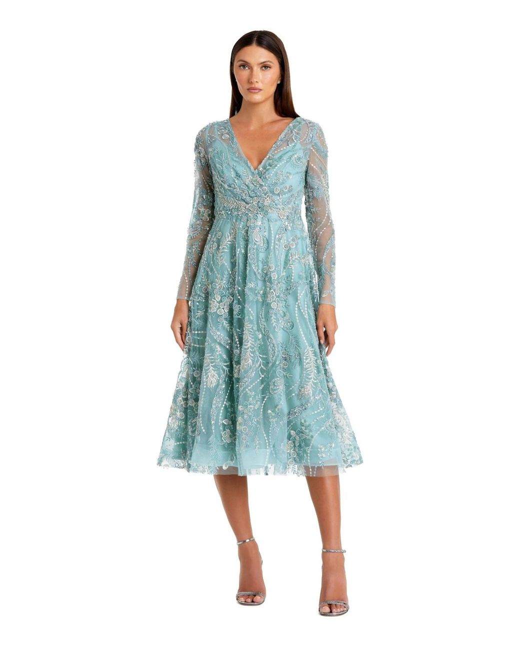 Mac Duggal Floral Embroidered V Neck Long Sleeve Midi Dress in Blue | Lyst
