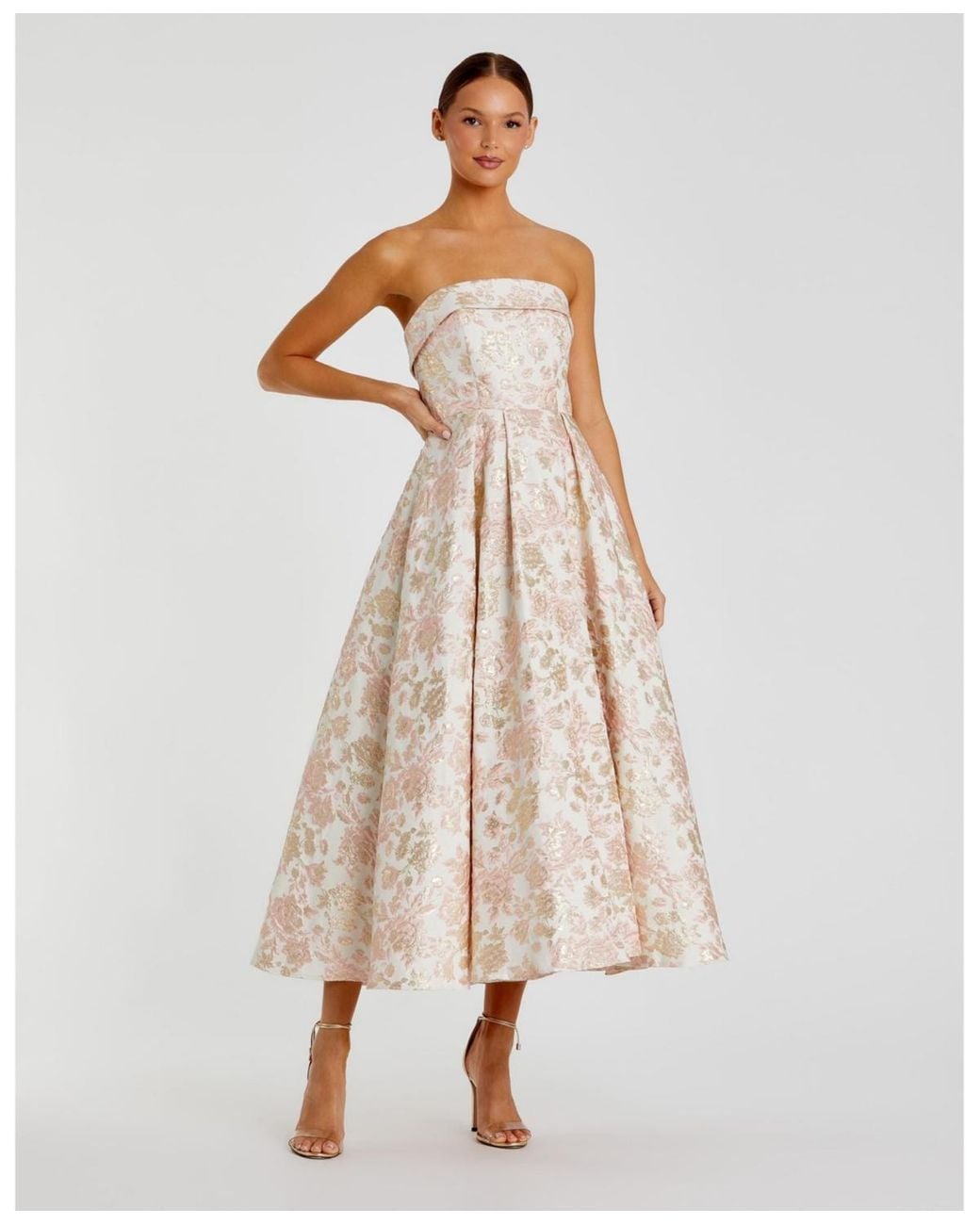 Mac Duggal Strapless Floral Brocade A Line Midi Dress in Natural | Lyst