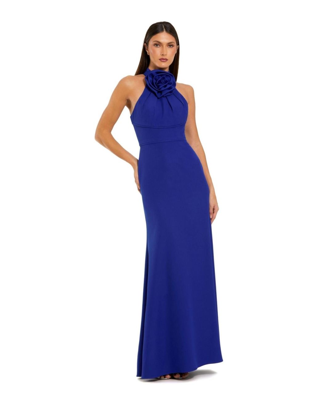 Mac Duggal Halter Neck Crepe Column Floral Detail Gown in Blue | Lyst