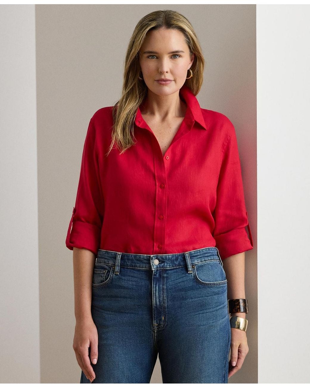 Ralph Lauren Plus Size Karrie Relaxed Fit Linen Point Collar Shirt in ...