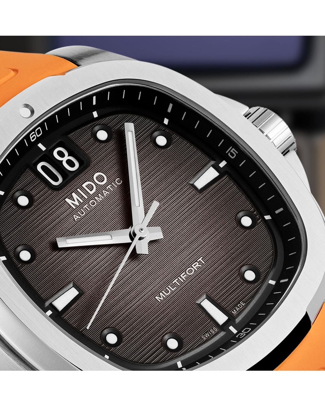 MIDO Swiss Automatic Multifort Orange Rubber Strap Watch 41mm in Gray ...