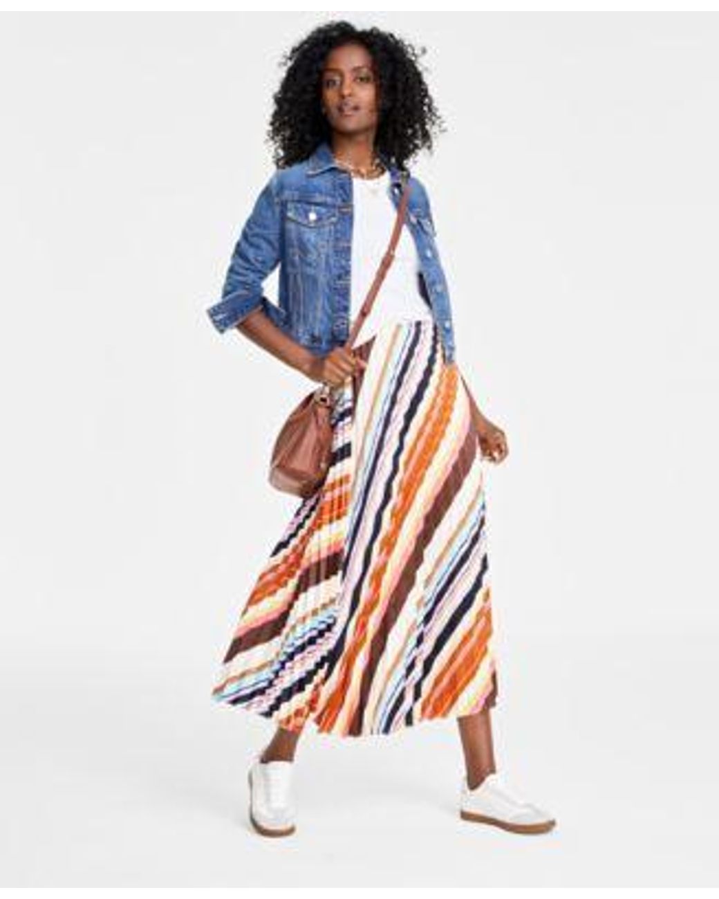 On 34th Trucker Jacket Tank Top Pleated Maxi Skirt Low Top Sneakers ...