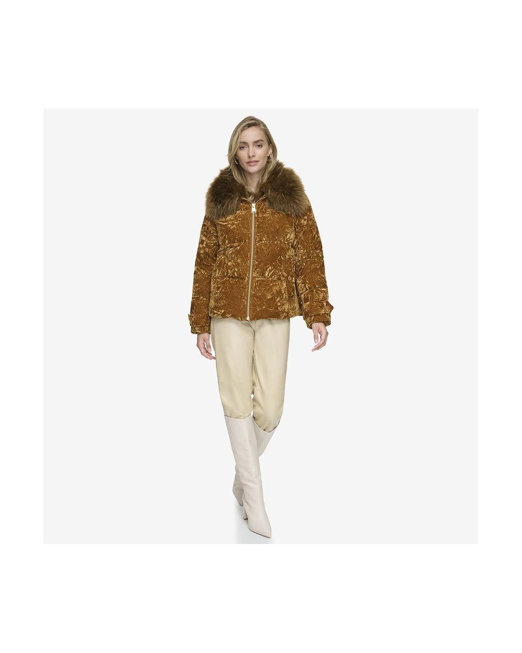 Andrew Marc Black Label Charleroi Crushed Velvet Down Puffer in Brown ...