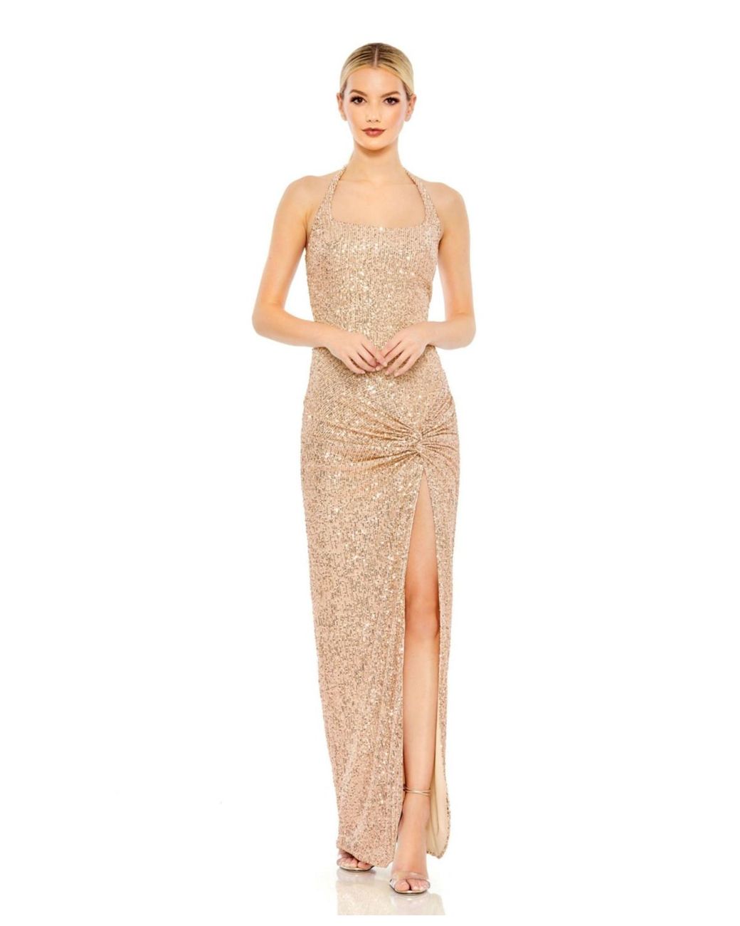 Mac Duggal Sequined Halter Strap Low Side Knot Gown in White | Lyst