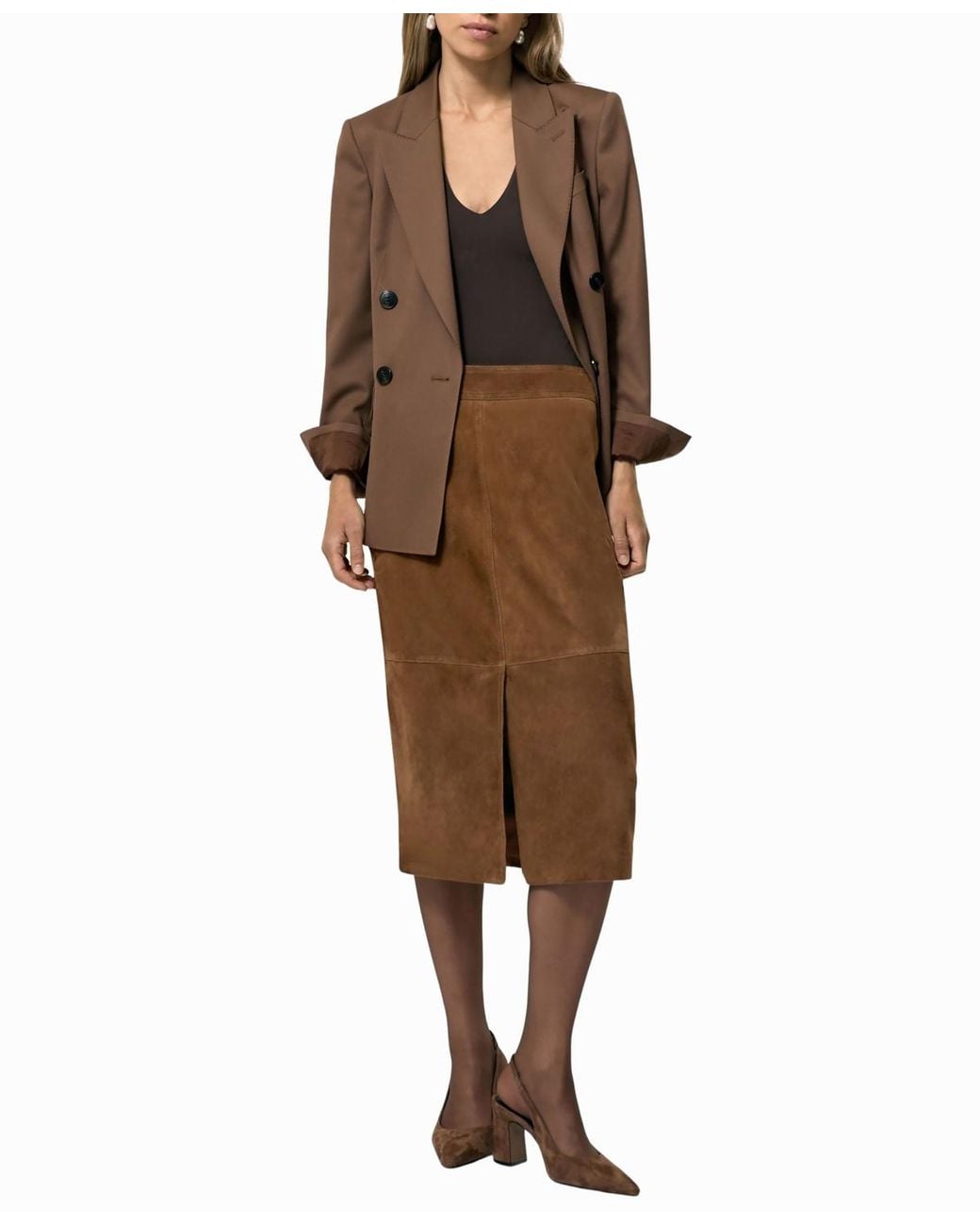 Reiss Suede Straight-fit Midi Skirt in Brown | Lyst