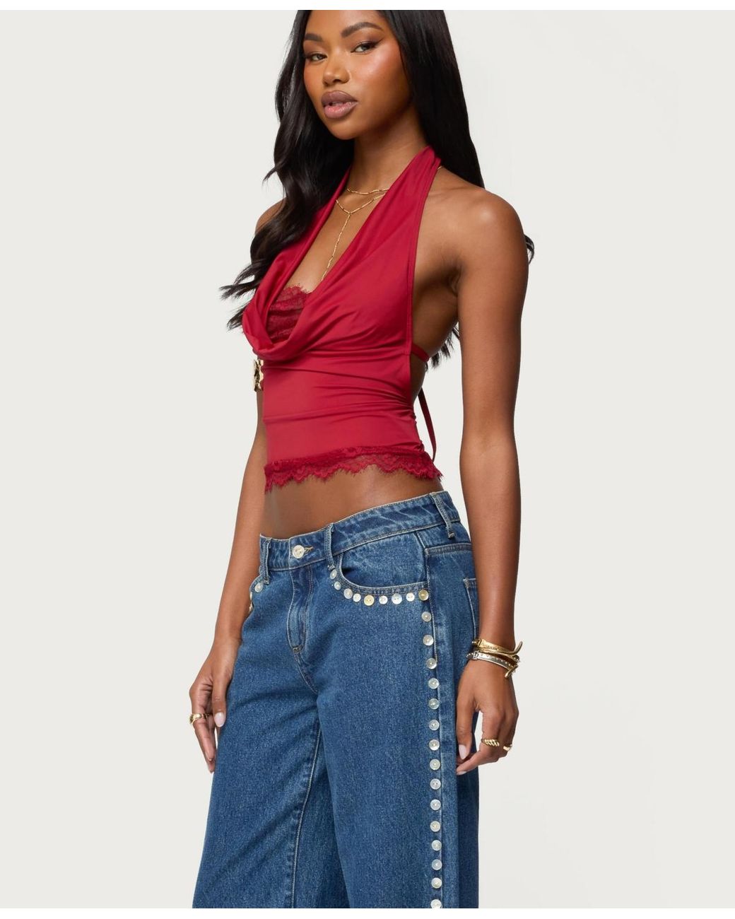 Edikted Laye Lacey Cowl Neck Halter Top in Red | Lyst